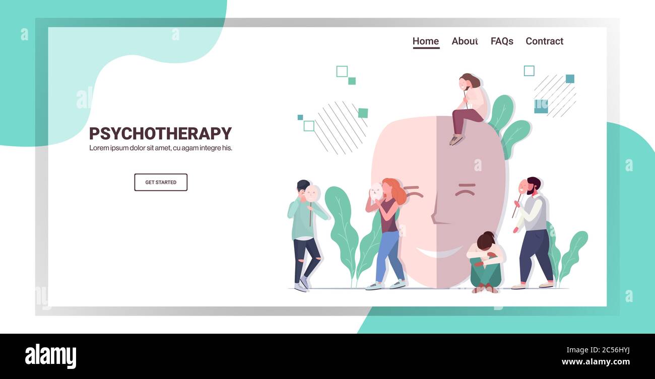 depressed people holding positive masks men women covering face ...