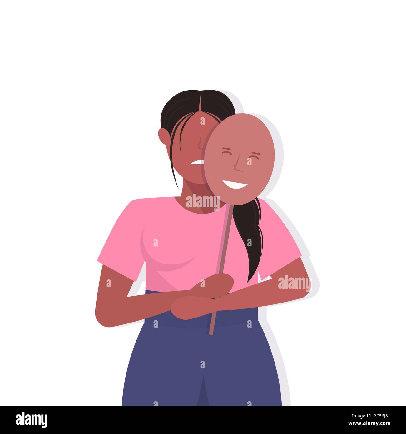 depressed woman holding positive mask african american girl covering ...