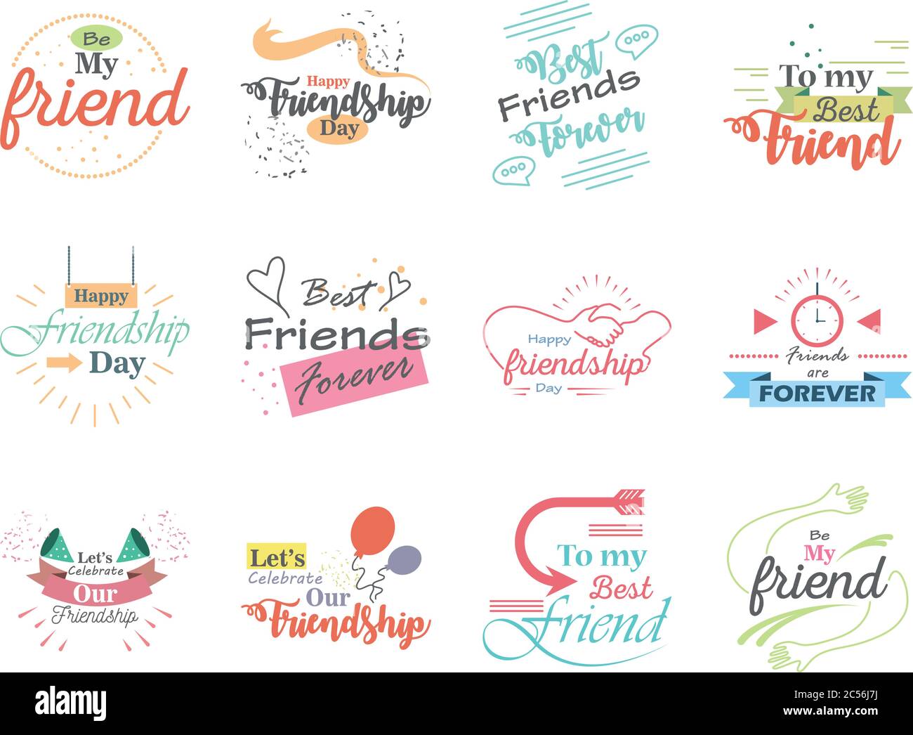 Happy friendship day detailed style icon set design of friendship love ...