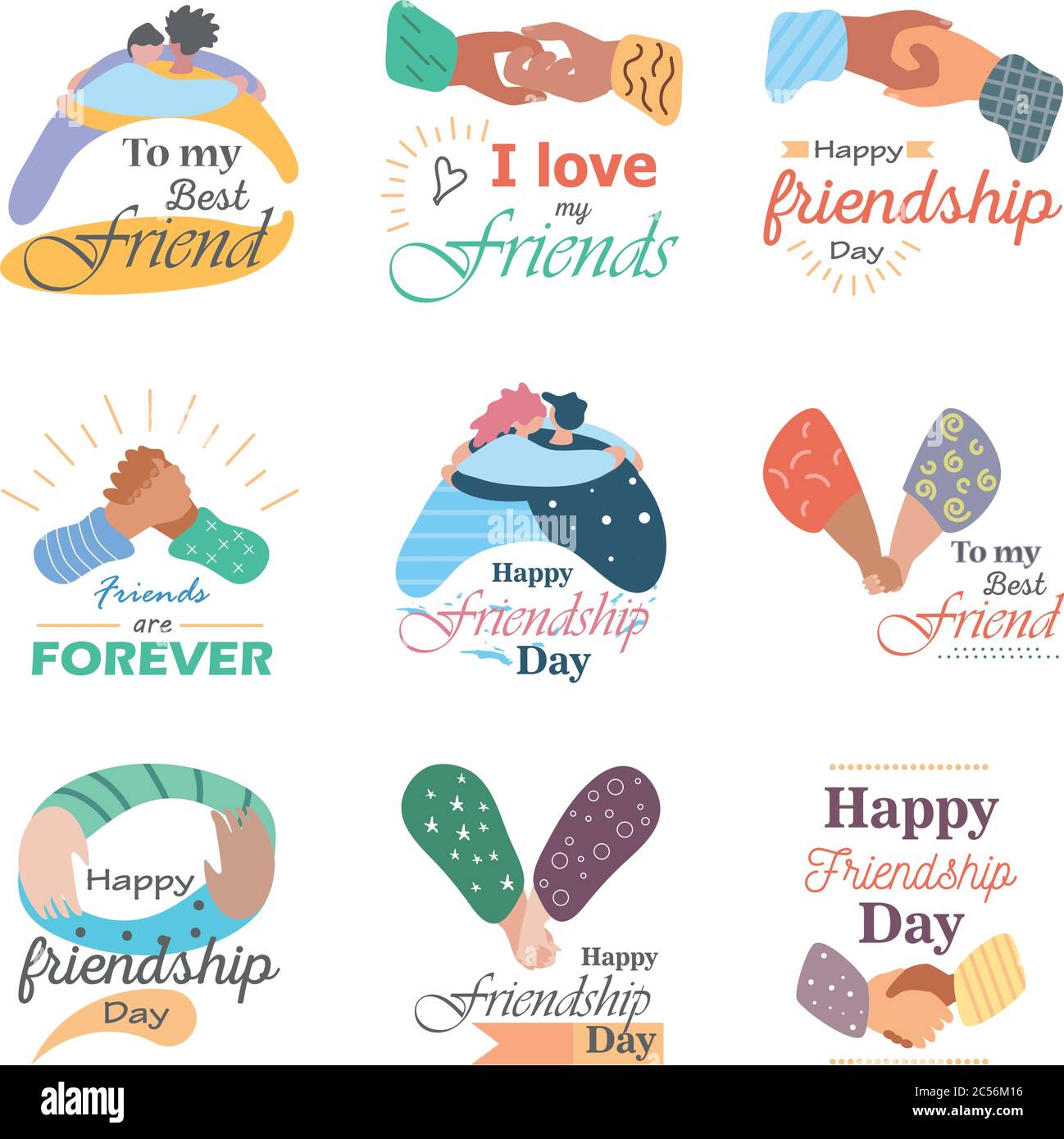 Happy friendship day detailed style icon set design of friendship love ...