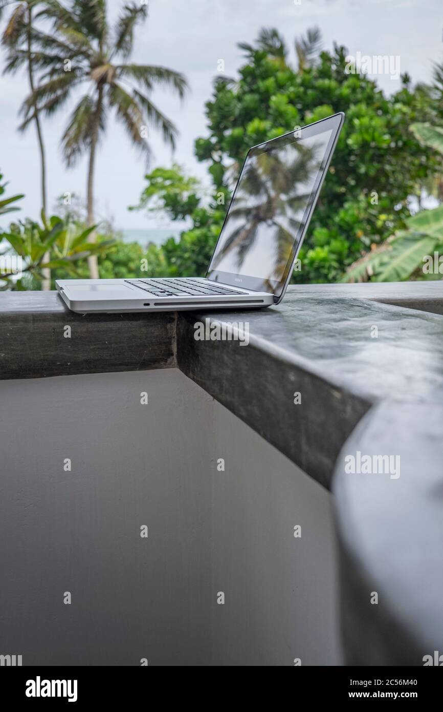 Laptop stands on balcony railing on the beach with palm trees Stock ...