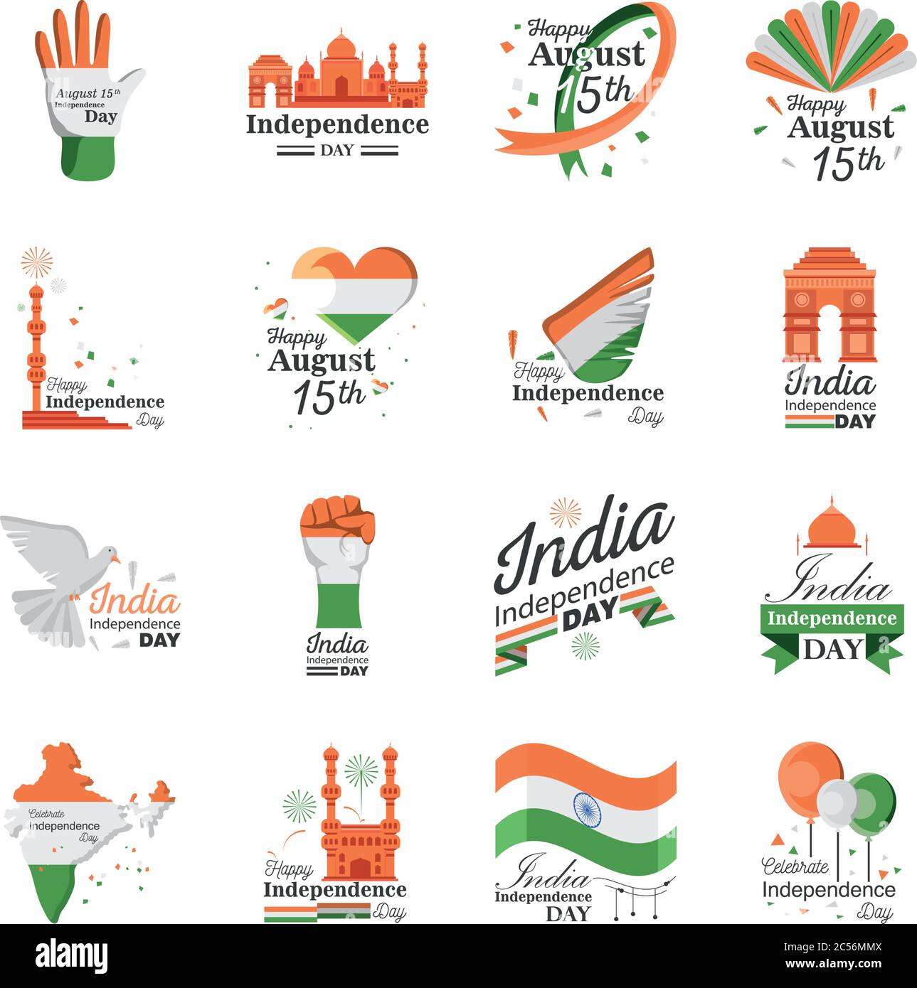 icon set detailed style icon design, happy india independence day and ...