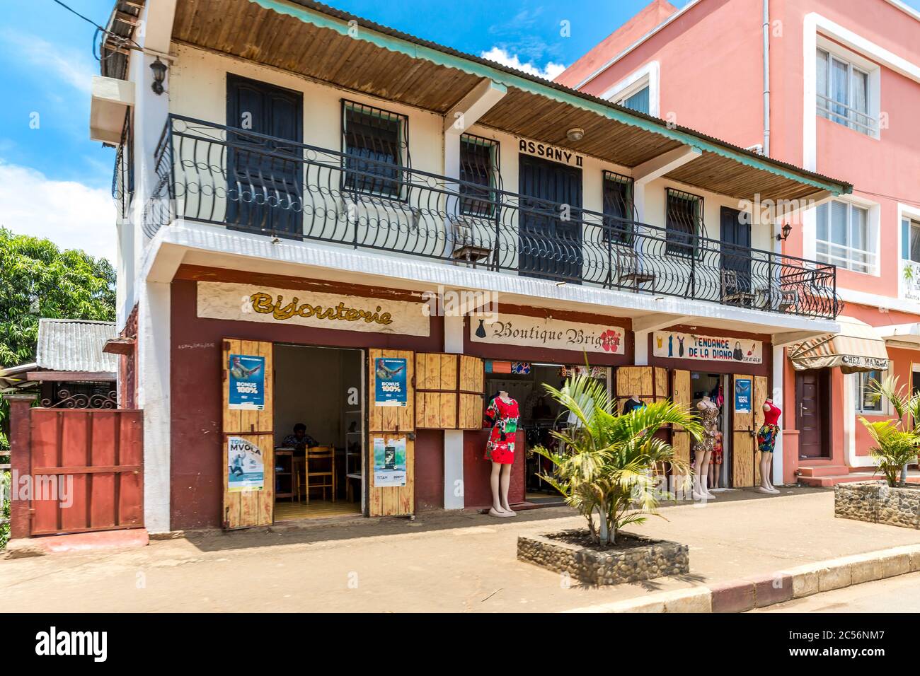 Mix shop, street scene in Andoany, Hell-Ville, Nosy Bé Island ...