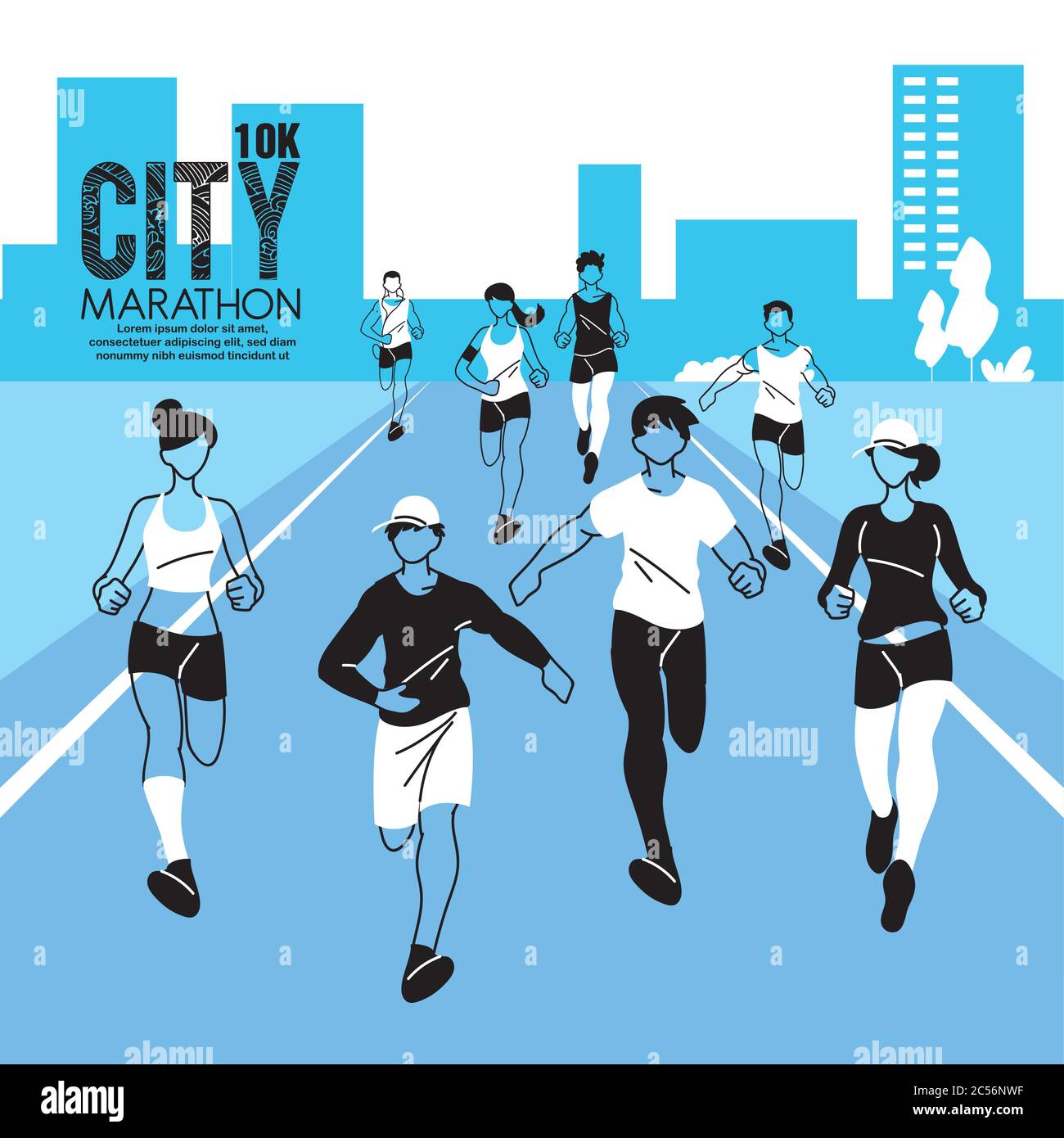 women and men running and 10k city marathon design, athlete training ...
