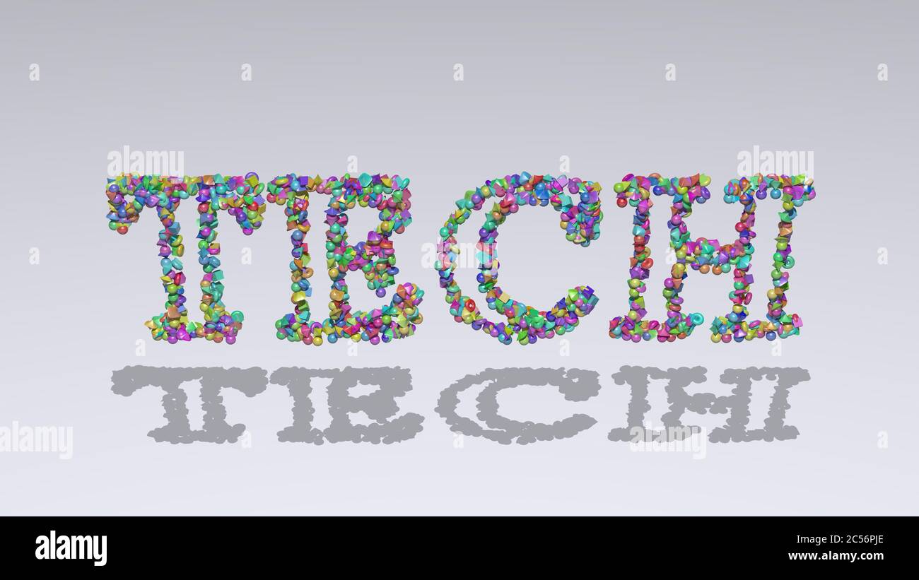 tech written in 3D illustration by colorful small objects casting ...