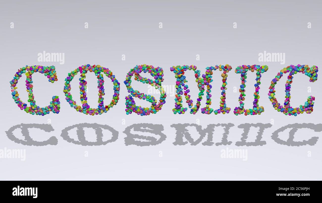 Colorful 3D writting of cosmic text with small objects over a white ...