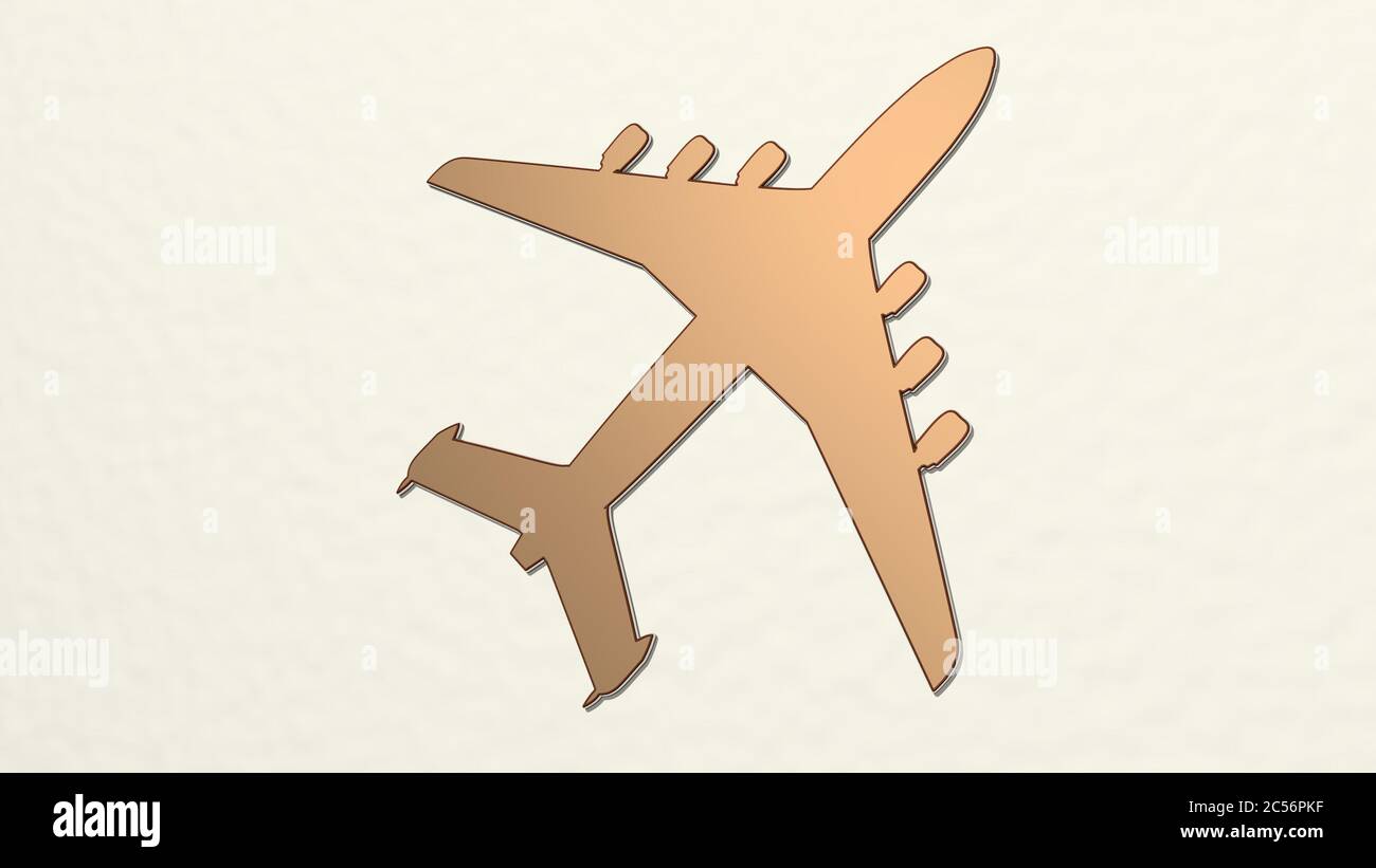 aeroplane on the wall. 3D illustration of metallic sculpture over a ...