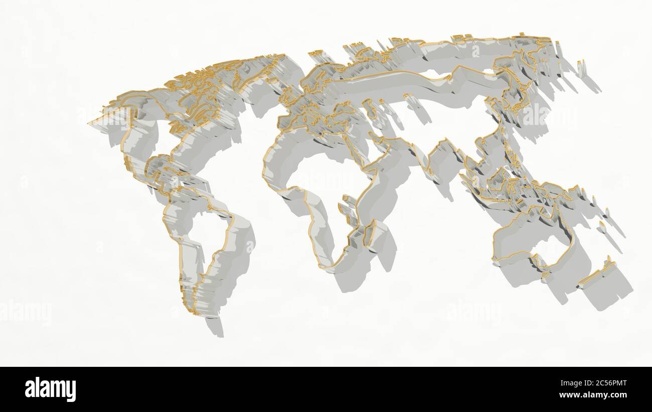 world map on the wall. 3D illustration of metallic sculpture over a ...
