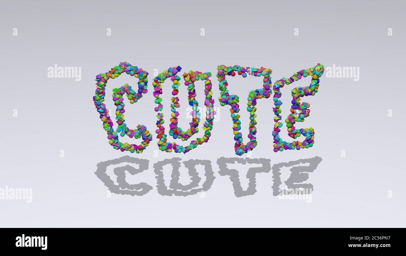 cute: 3D illustration of the text made of small objects over a white ...