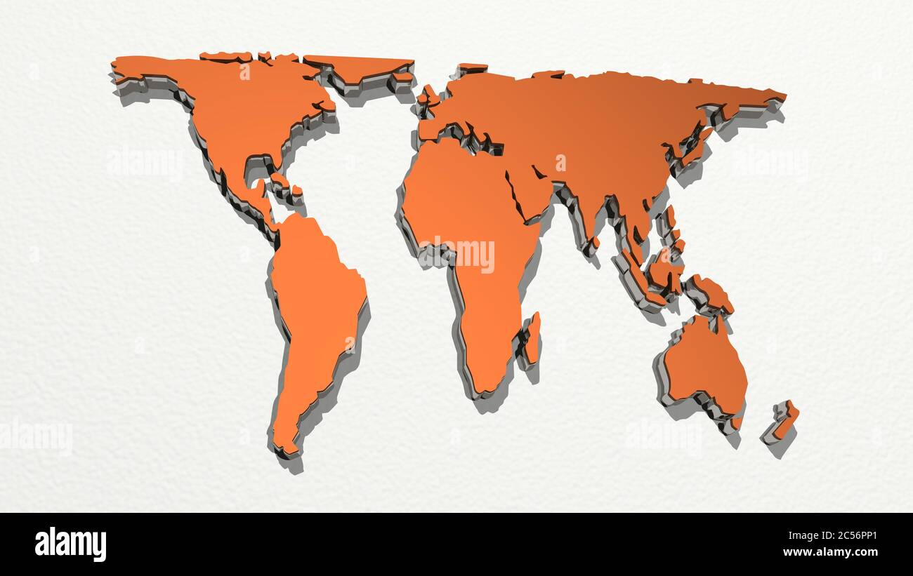MAP OF WORLD made by 3D illustration of a shiny metallic sculpture on a ...