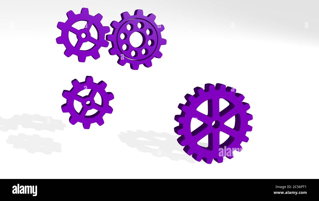 cogs stand with shadow. 3D illustration of metallic sculpture over a ...