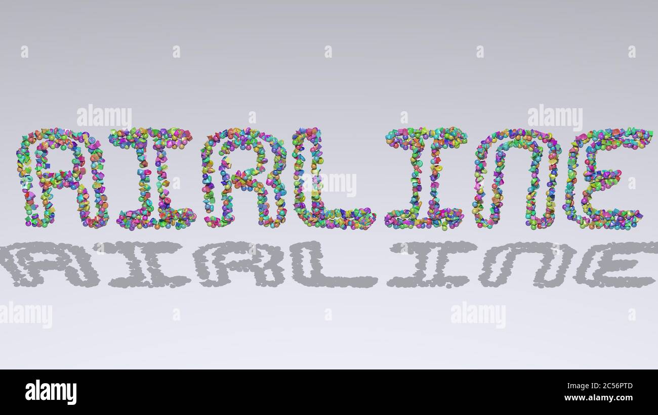 Colorful 3D writting of AIRLINE text with small objects over a white ...