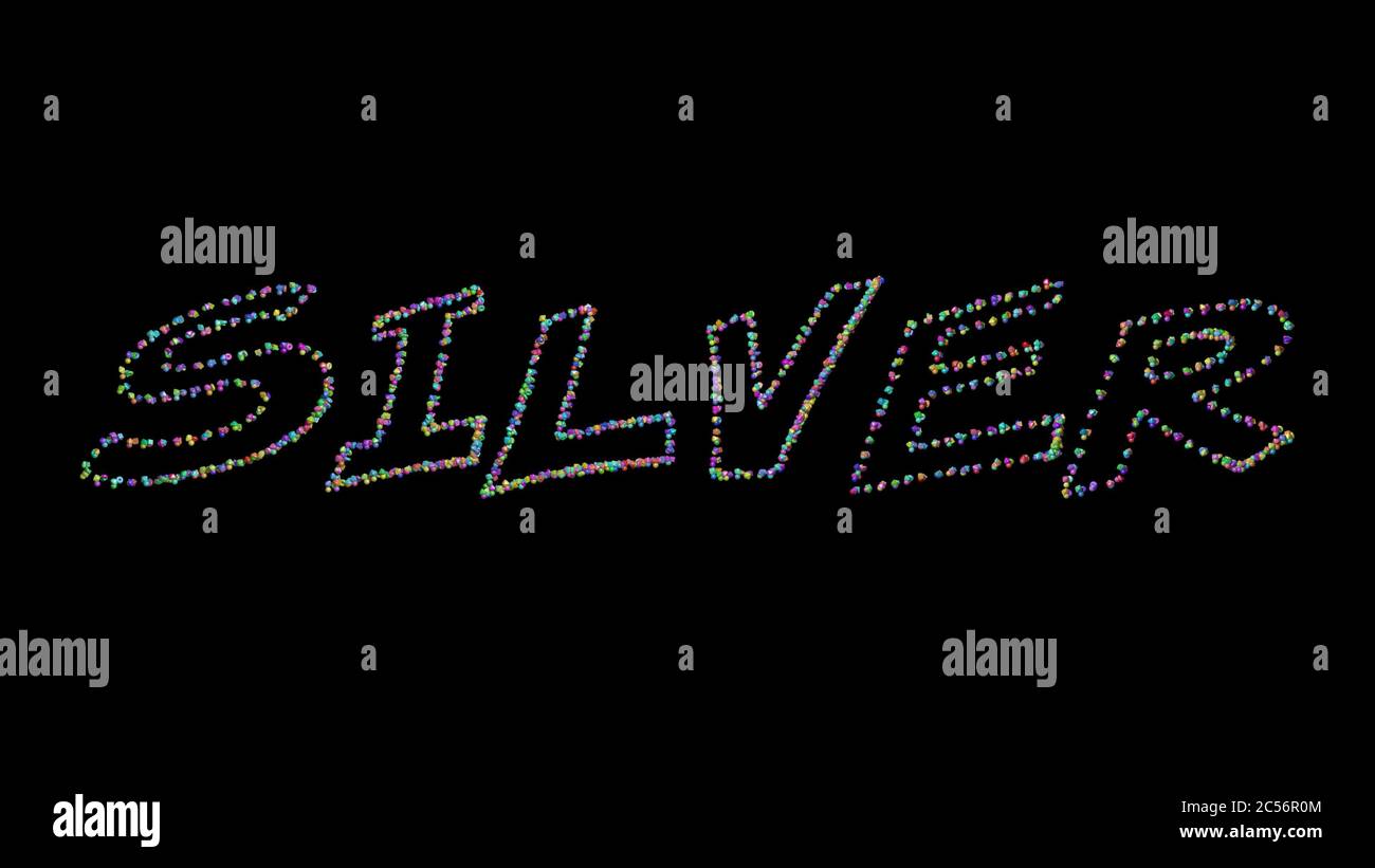 silver written in 3D illustration by colorful small objects casting ...