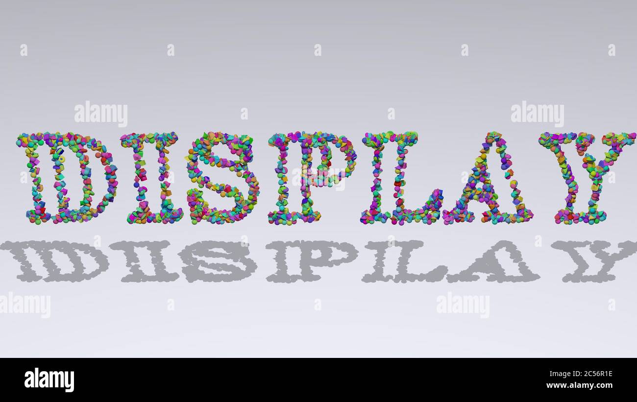 Colorful 3D writting of display text with small objects over a white ...