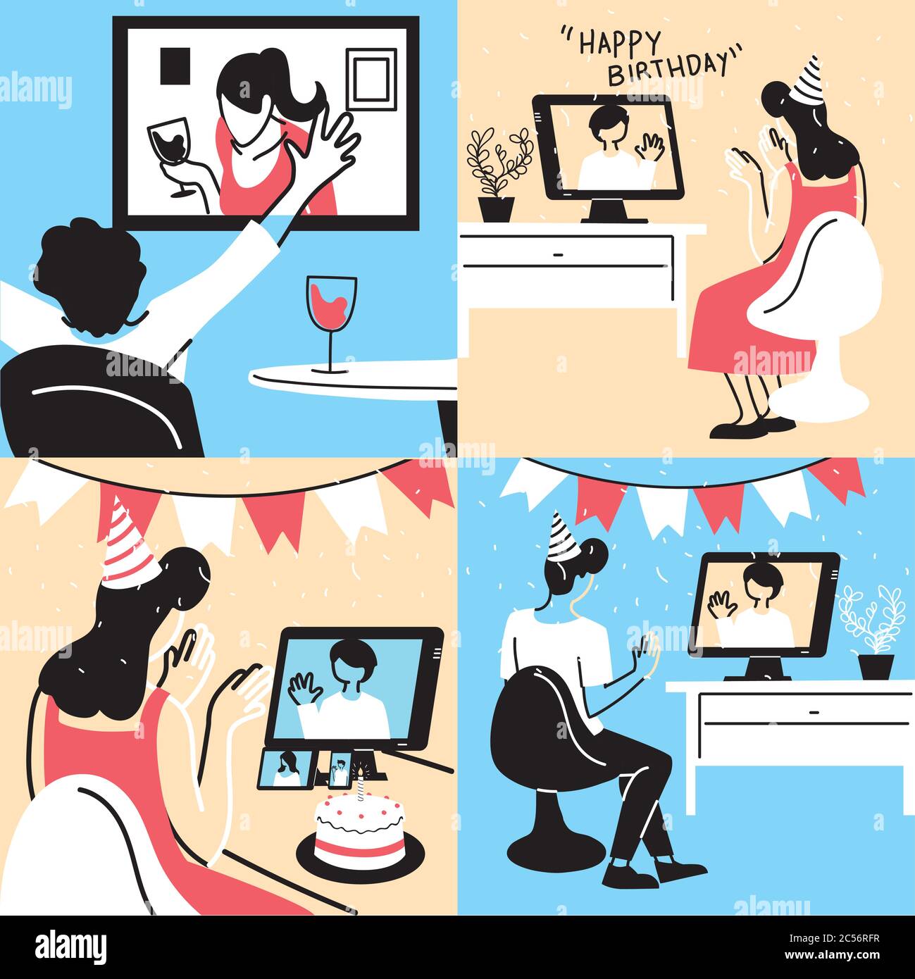 People in video chat celebrating design, Happy birthday celebration ...