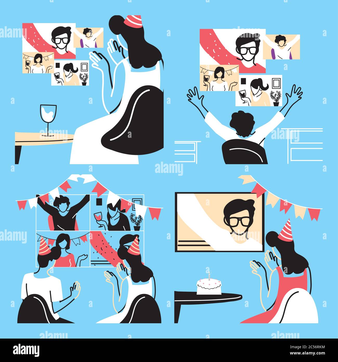 People in video chat celebrating design, Happy birthday celebration ...