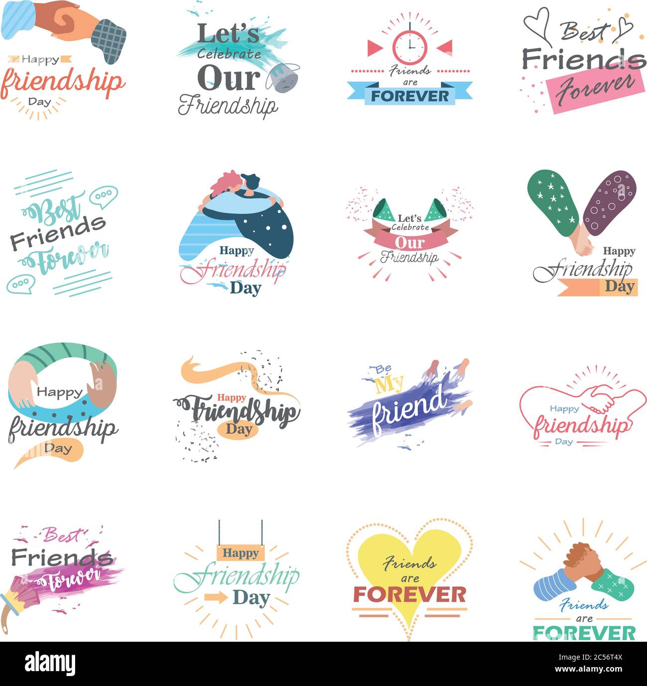 Happy friendship day detailed style icon set design of friendship love ...