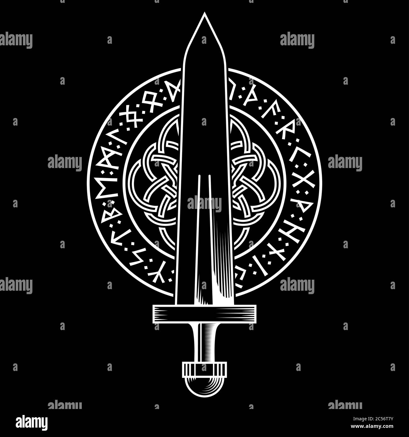 Viking design. Viking sword in a circle from Ancient Scandinavian runes ...