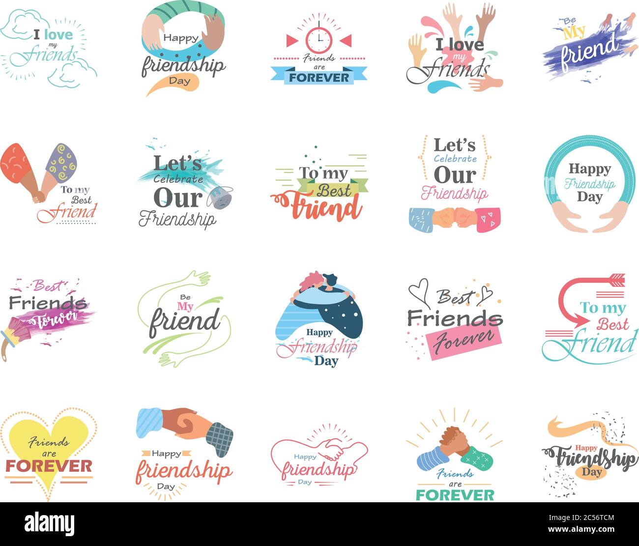 Happy friendship day detailed style icon set design of friendship love ...