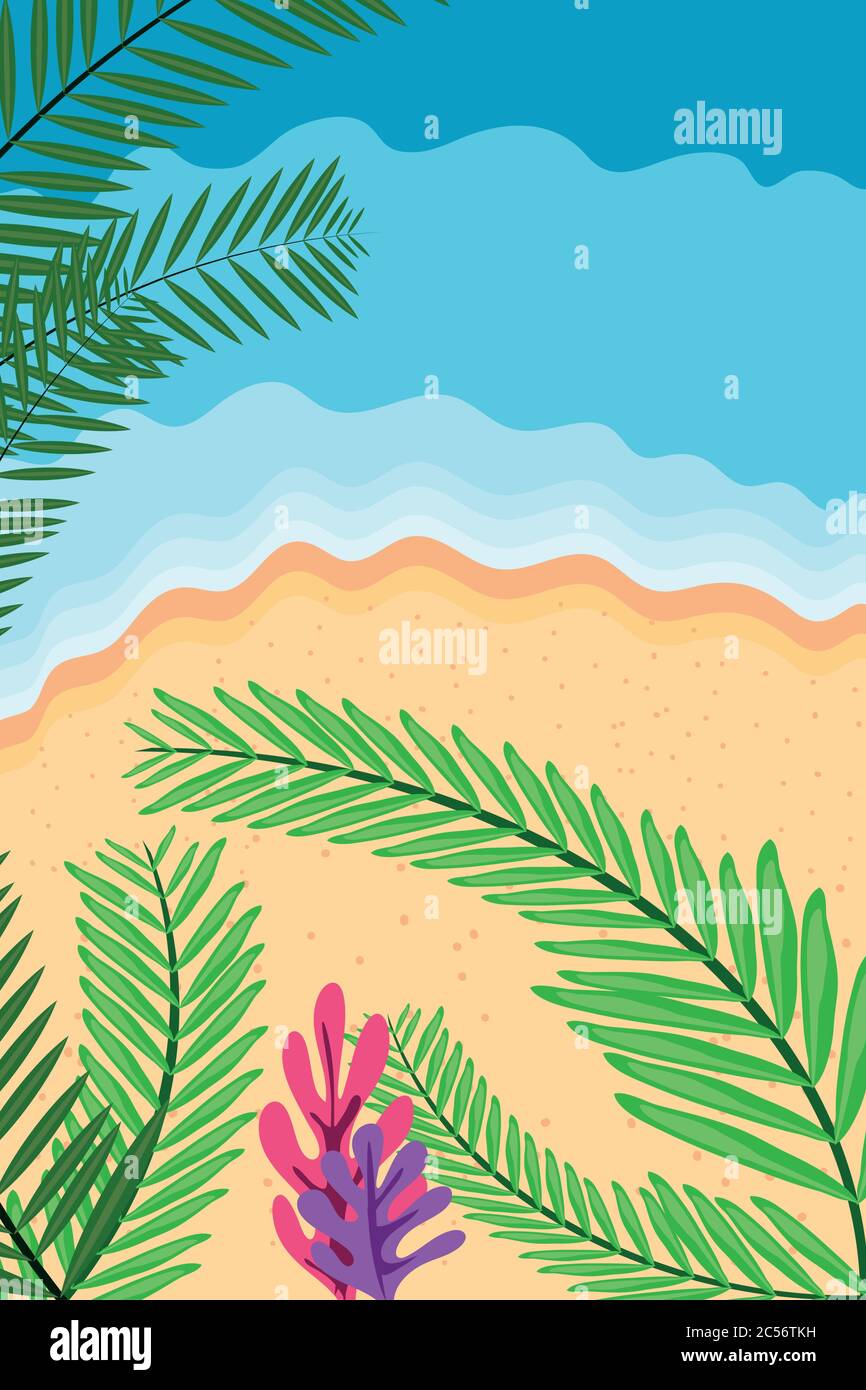 Beach with sea and leaves top view detailed style icon design, Summer ...