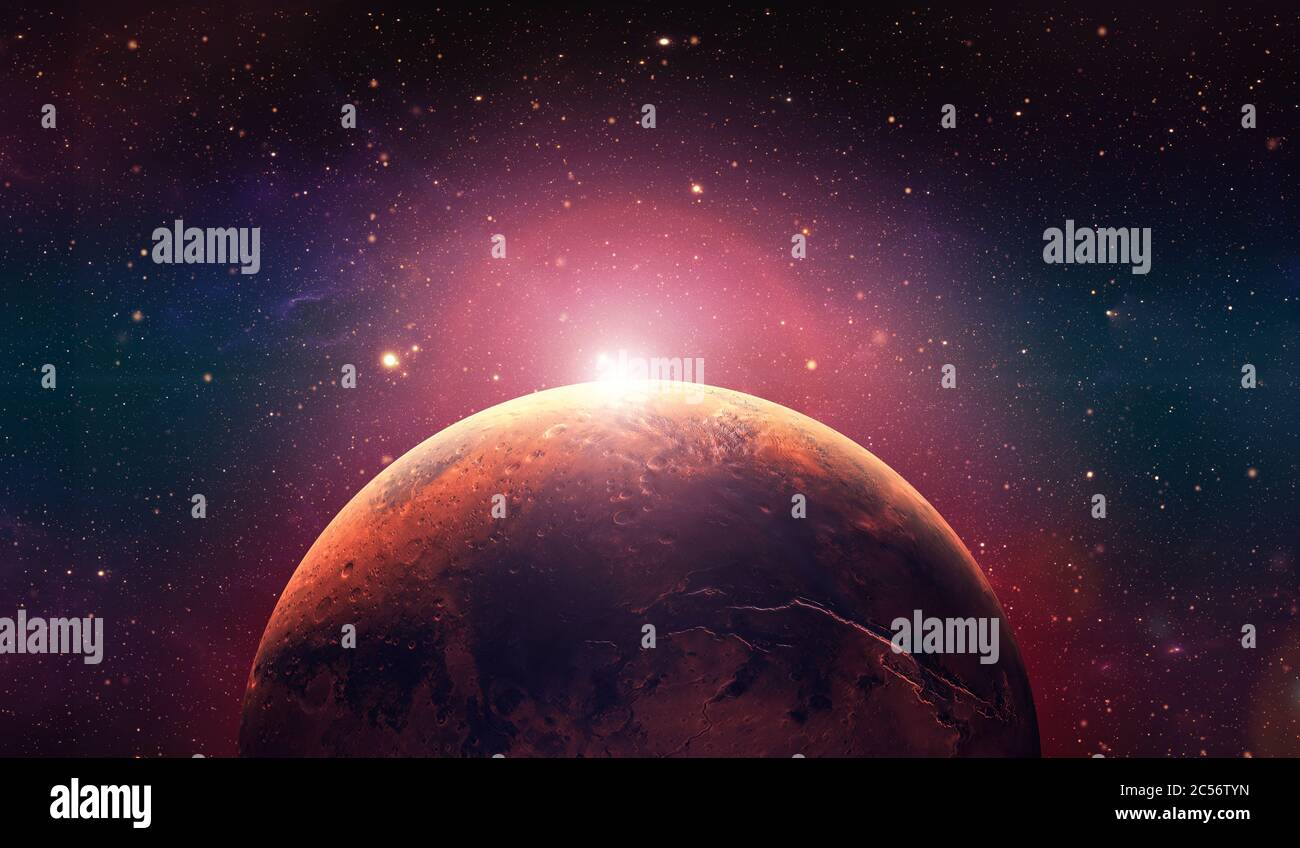 Mars the red planet. Sunset on mars. Red planet in the space full of ...