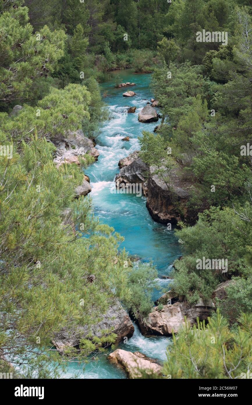 Beautiful scenery of the mountain river stream flowing down between ...