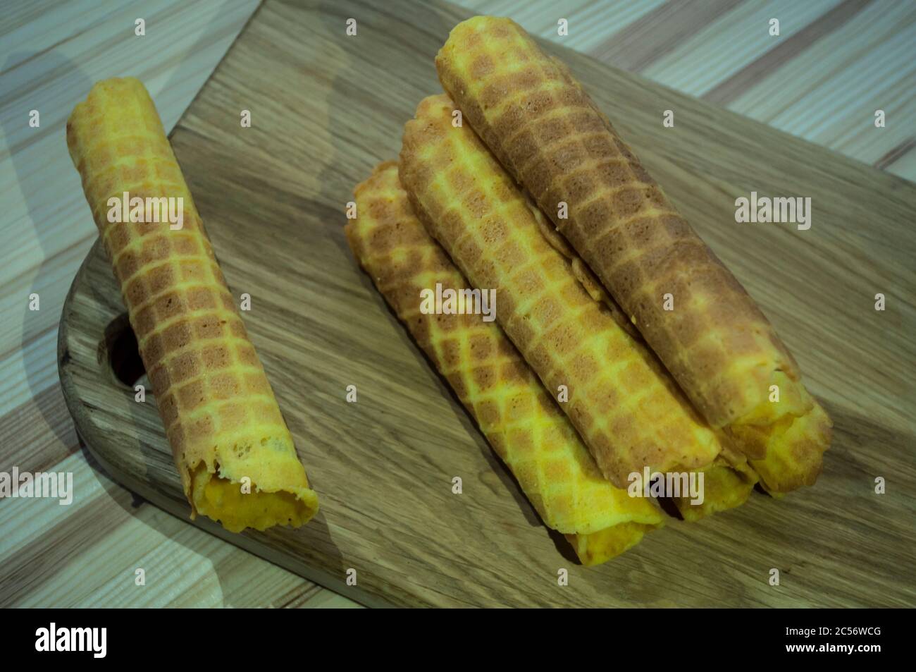 Waffle mix, wafer assorted stick, confectionery on a wooden background ...
