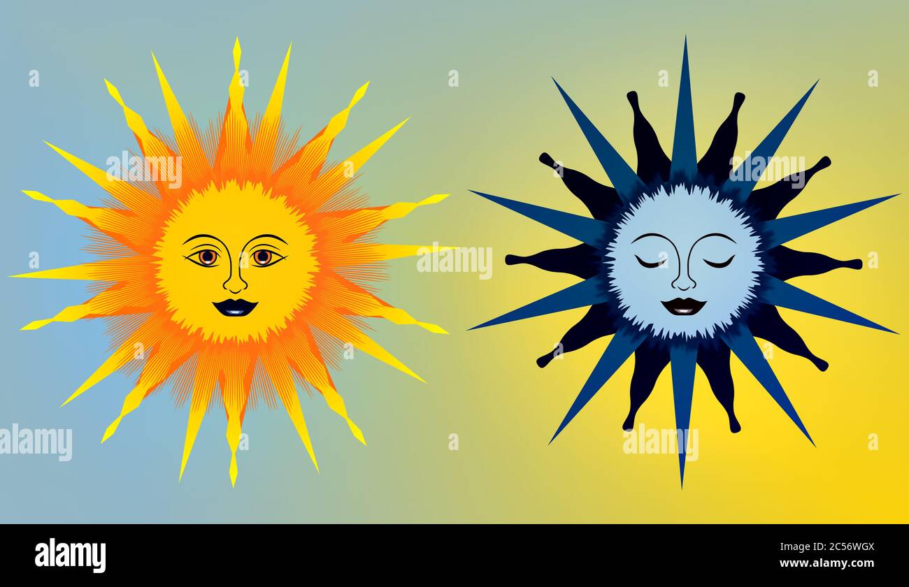 Illustration of Sun and Moon Couple with faces Stock Photo - Alamy
