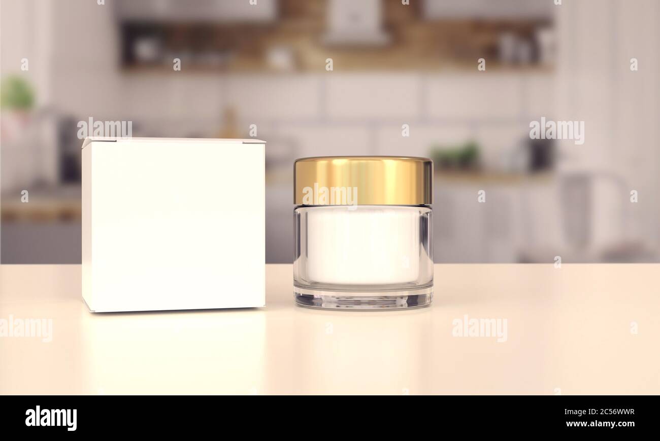 Face cream pot, glass container on the table. Realistic packaging ...