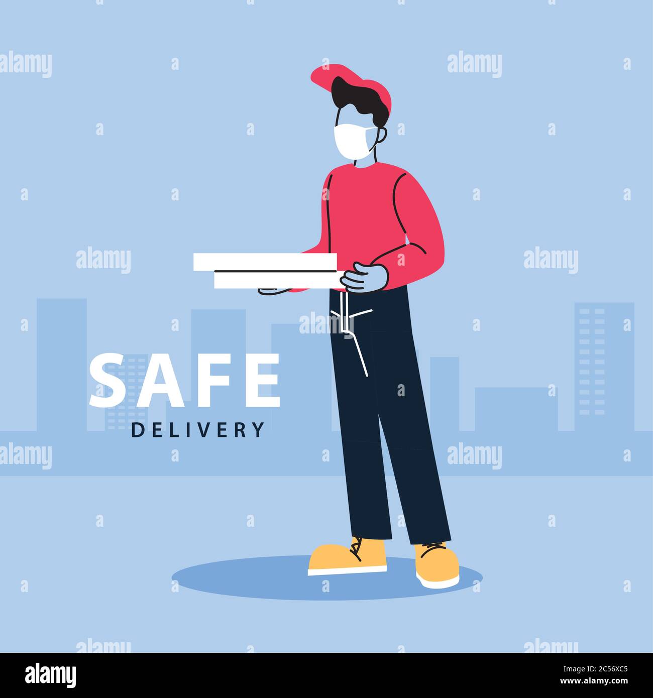 safe delivery, man courier in a mask delivers food, contactless ...