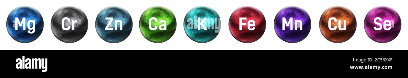 Minerals essential for human health. Selenium, potassium, zinc, iron ...