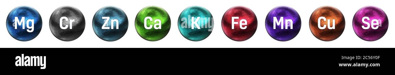 Minerals essential for human health. Selenium, potassium, zinc, iron ...