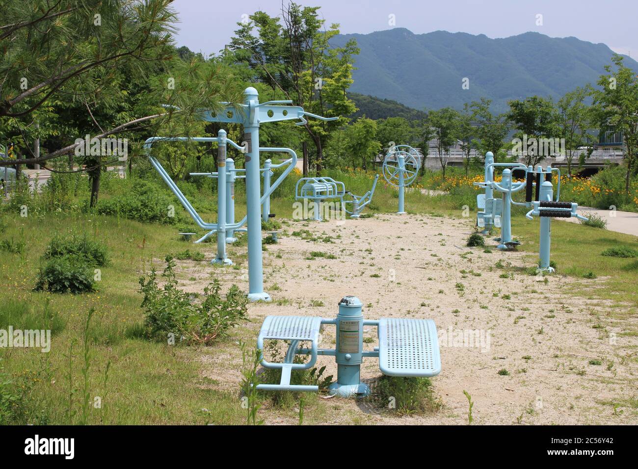 Outdoor public gym equipment in monochromatic blue Stock Photo - Alamy