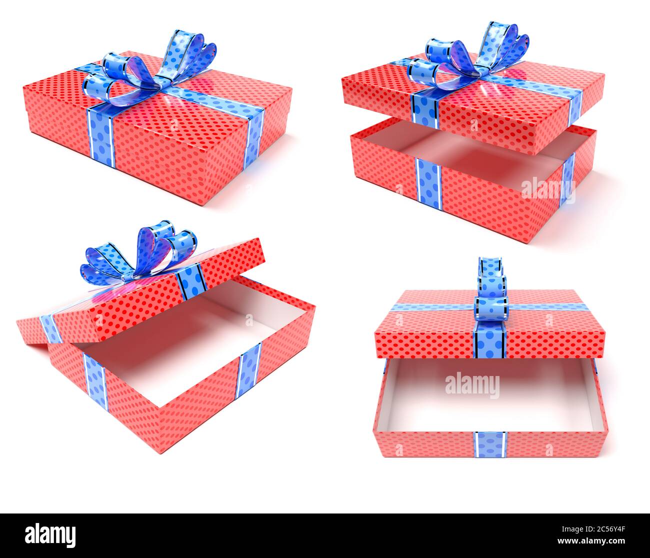 Red gift box with blue ribbon bow. Set Stock Photo - Alamy