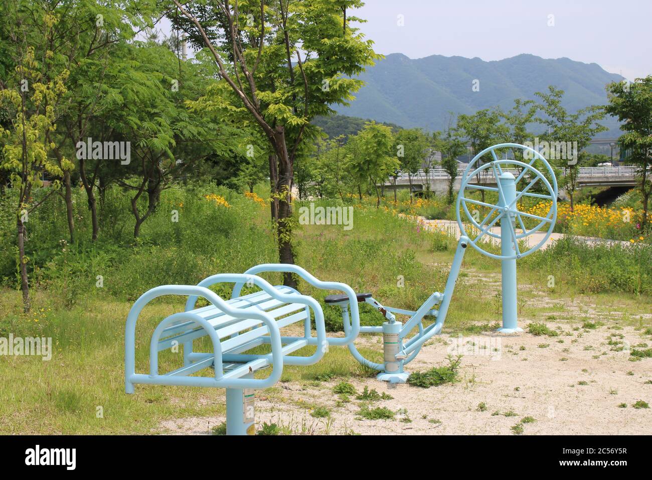 Outdoor public gym equipment in monochromatic blue Stock Photo - Alamy