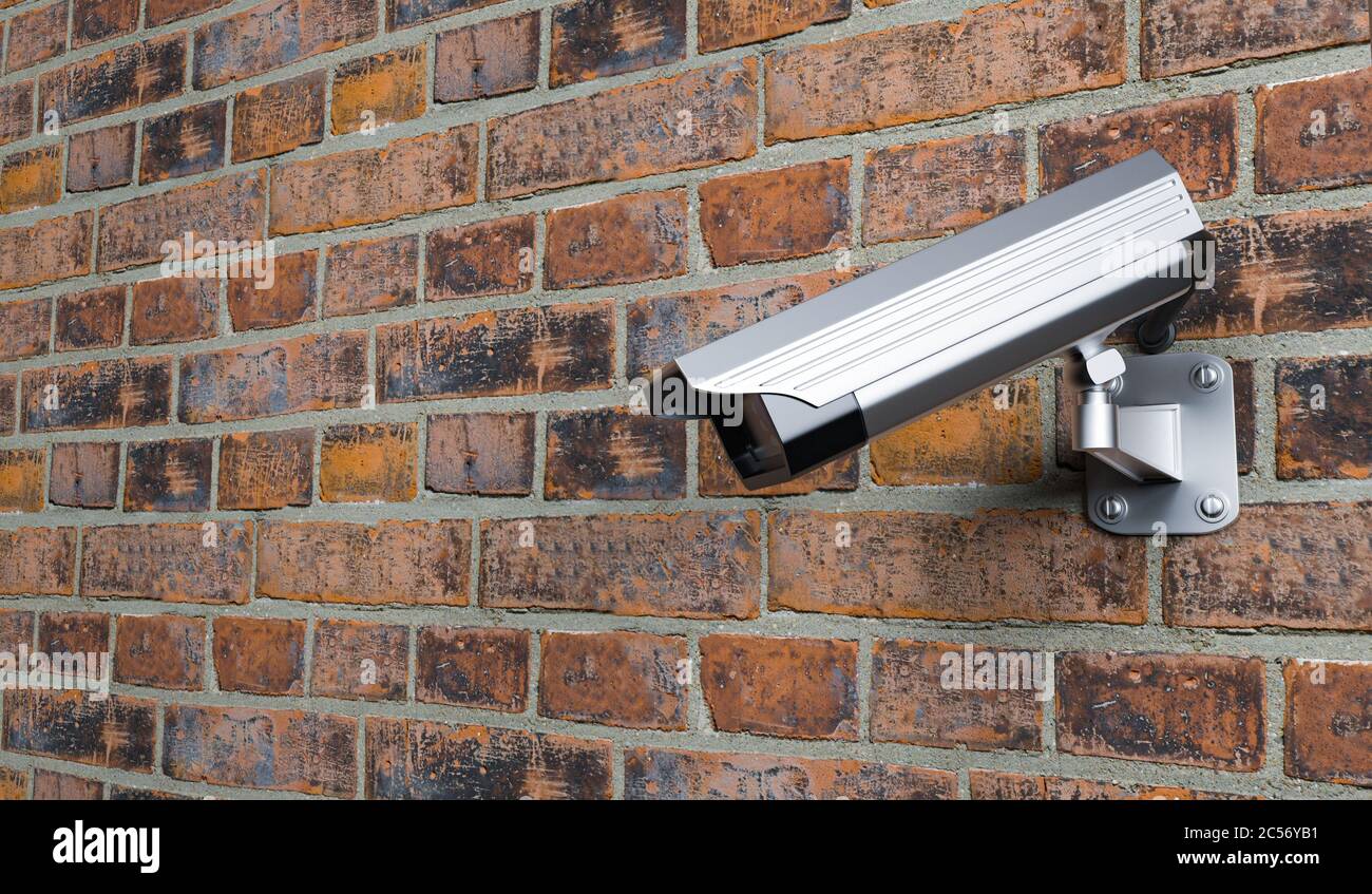 CCTV camera on red brick wall. 3d rendering illustration Stock Photo ...