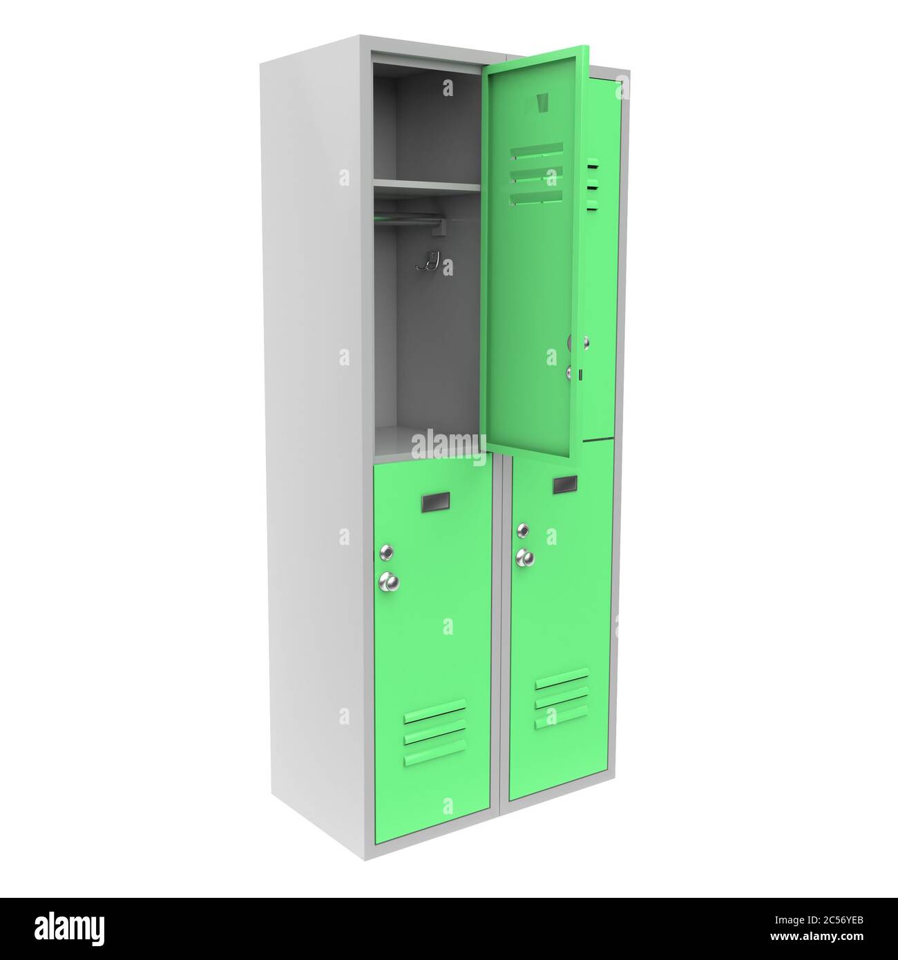 Green metal locker with open door. Two level compartment. 3d rendering ...