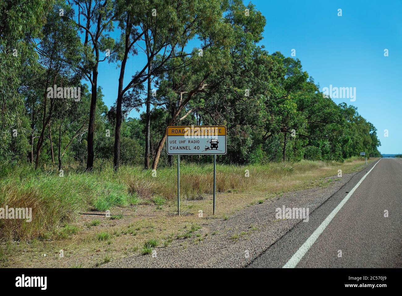 Road train route sign with uhf radio channel number on long inland ...