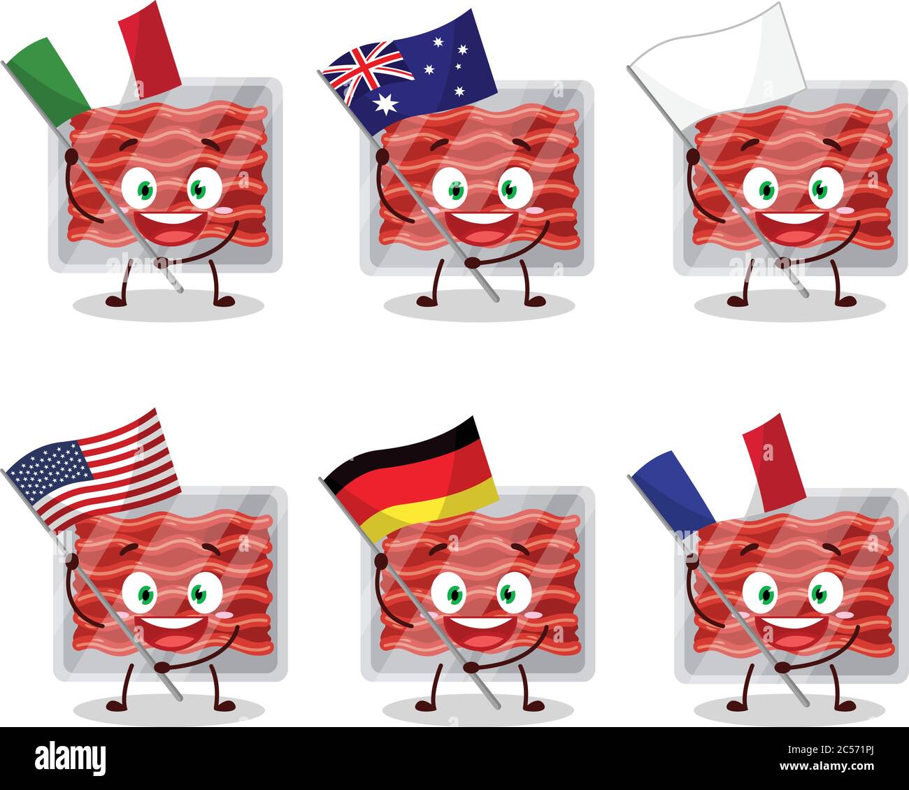 Ground meat cartoon character bring the flags of various countries ...
