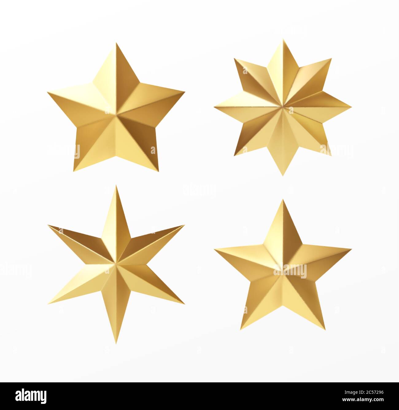 Set of golden realistic stars with different rays isolated on a white background. Vector ...