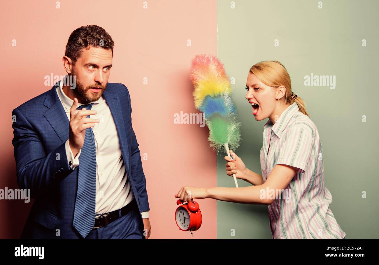 segregation of duties. man late home. shouting woman clean house ...