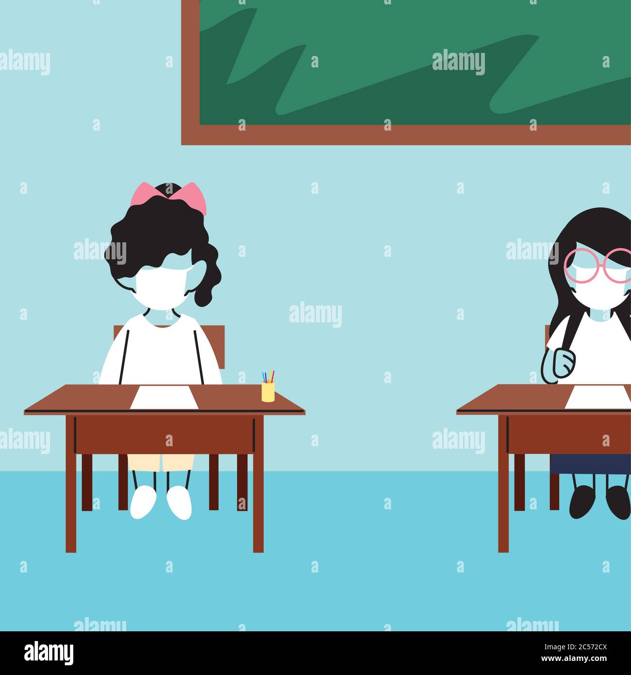 kids students wearing face mask in class, social distancing vector ...