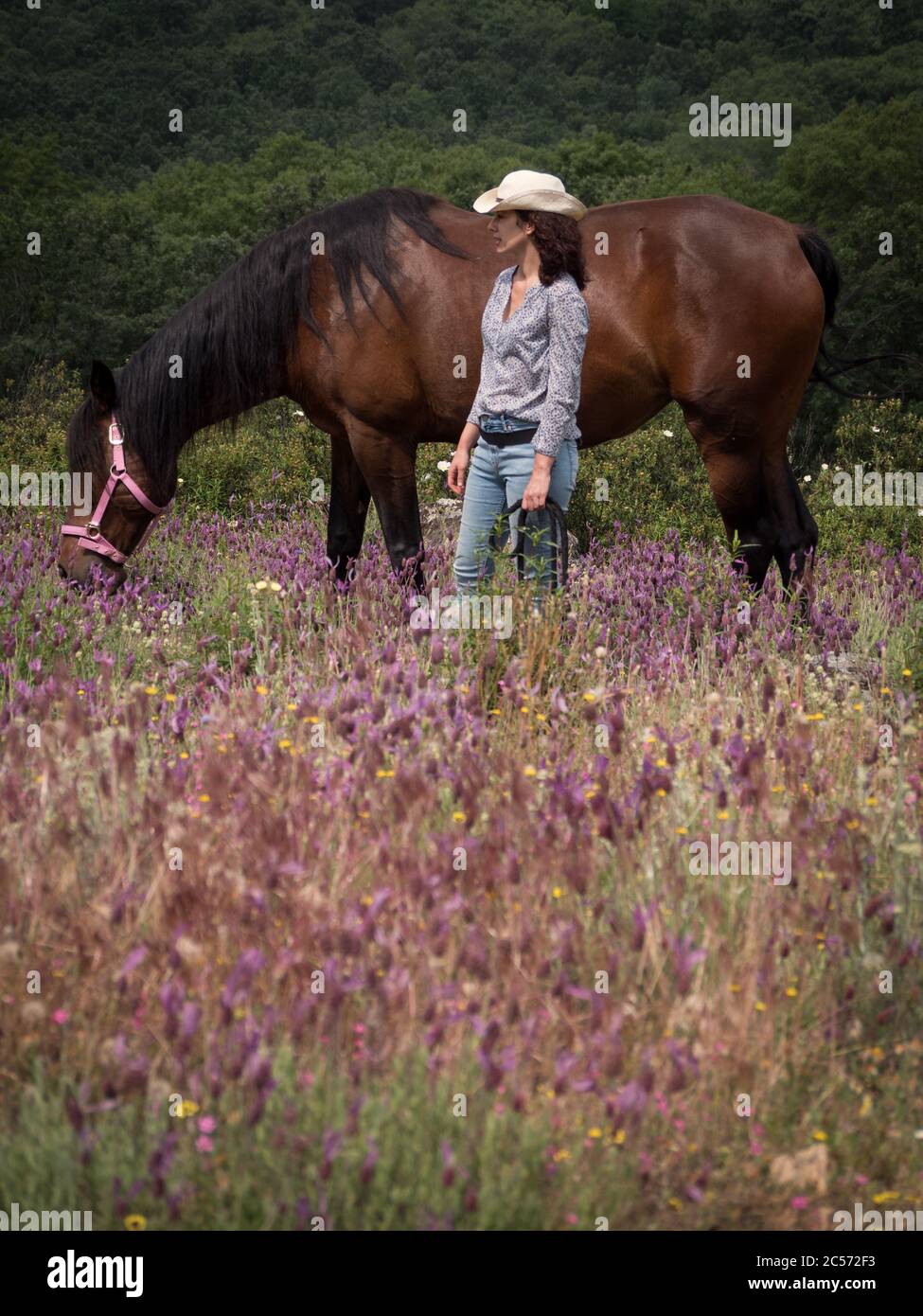 Female western horse rider with white hat standing by chestnut mare ...