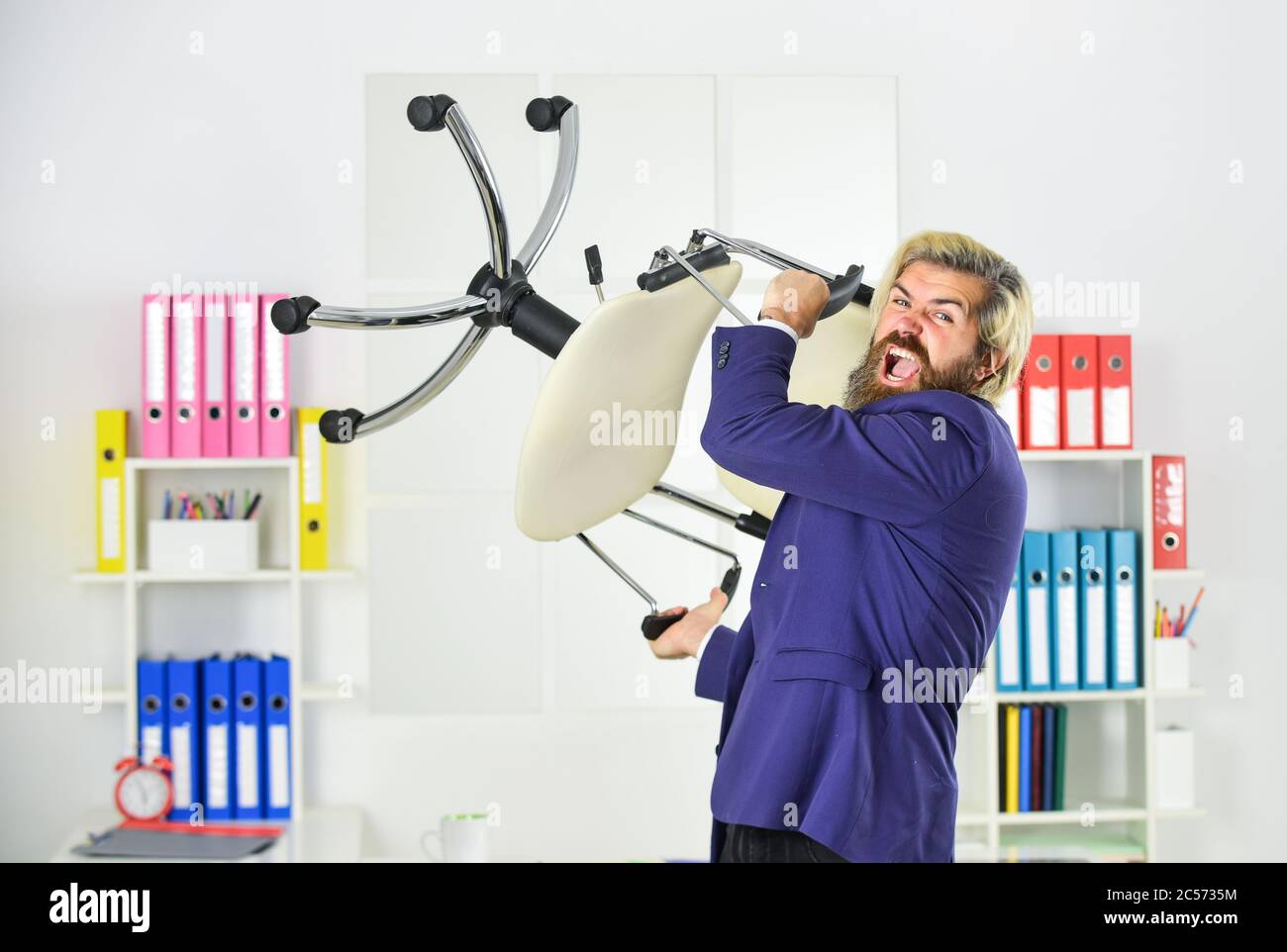 Get out of my office. Drive out uninvited guest. Stress concept. Crazy ...