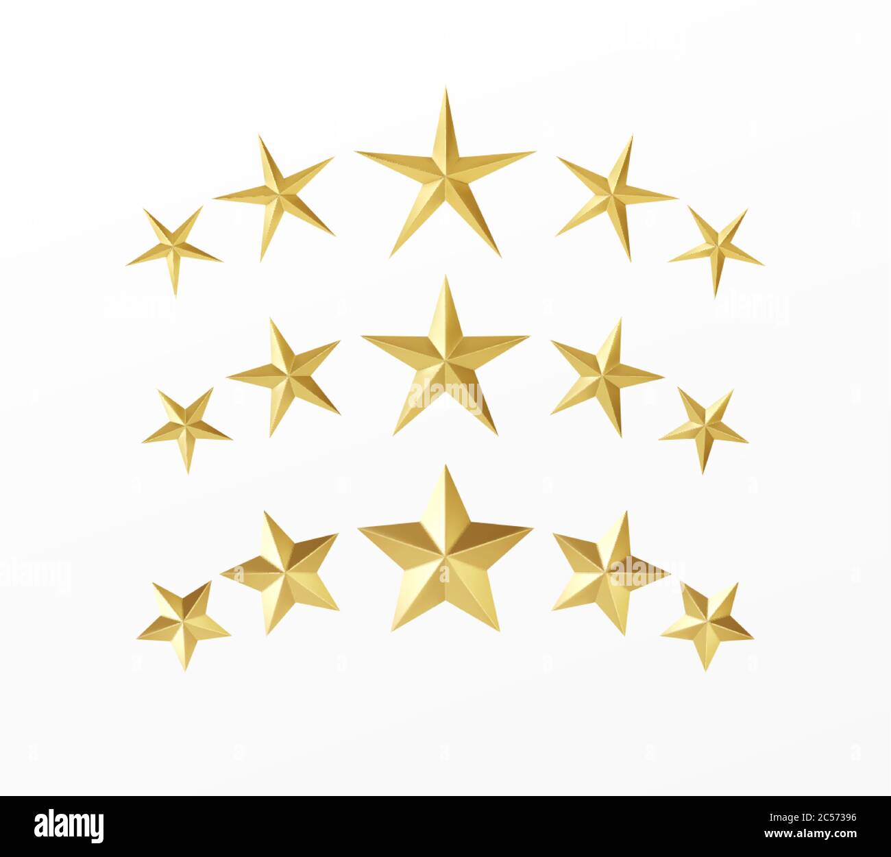 Set of golden realistic stars with different rays isolated on a white ...