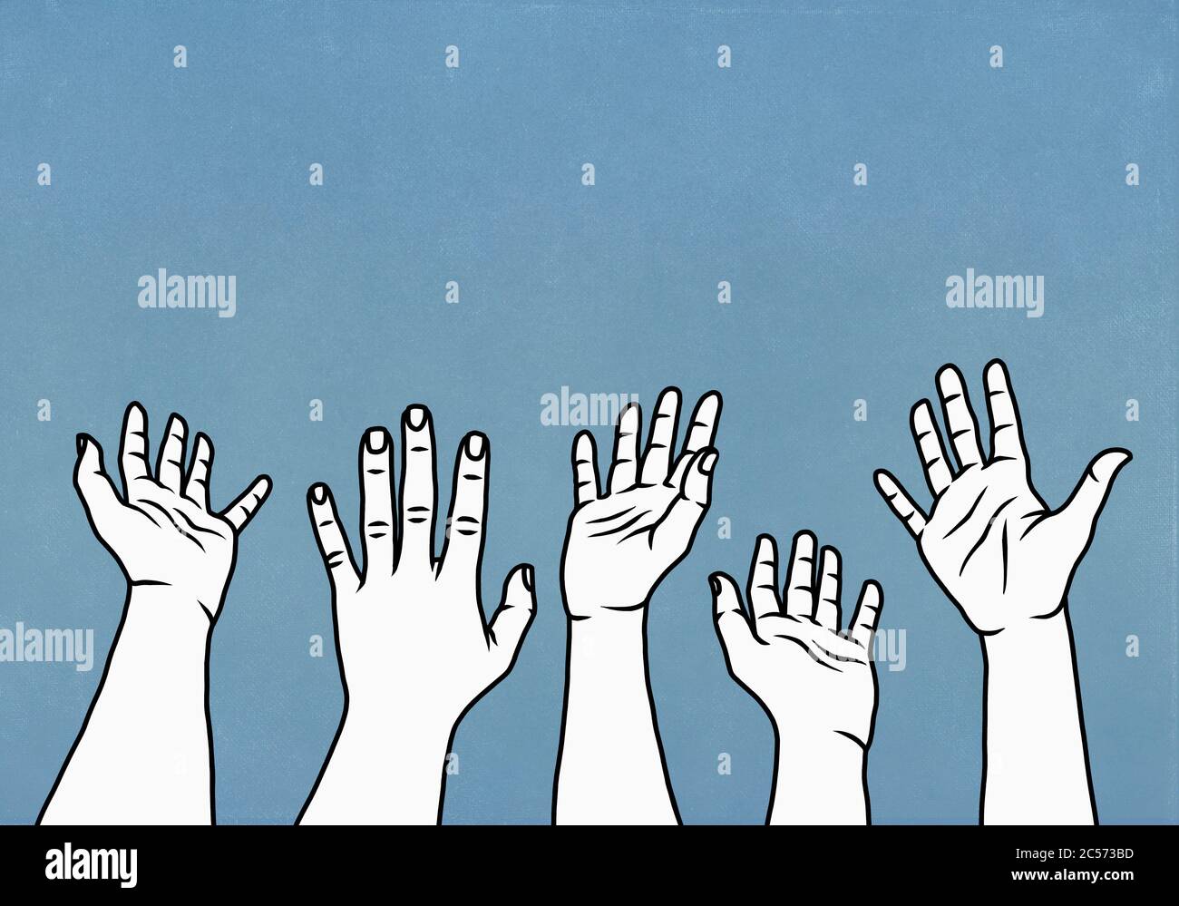 Hands raised, reaching against blue background Stock Photo - Alamy