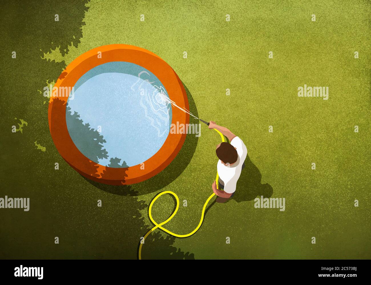 Man with hose filling wading pool in sunny backyard Stock Photo - Alamy