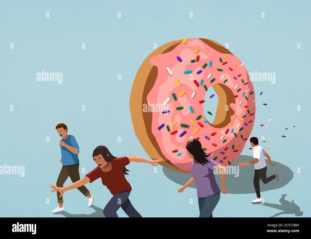 People running from large sprinkled donut Stock Photo - Alamy