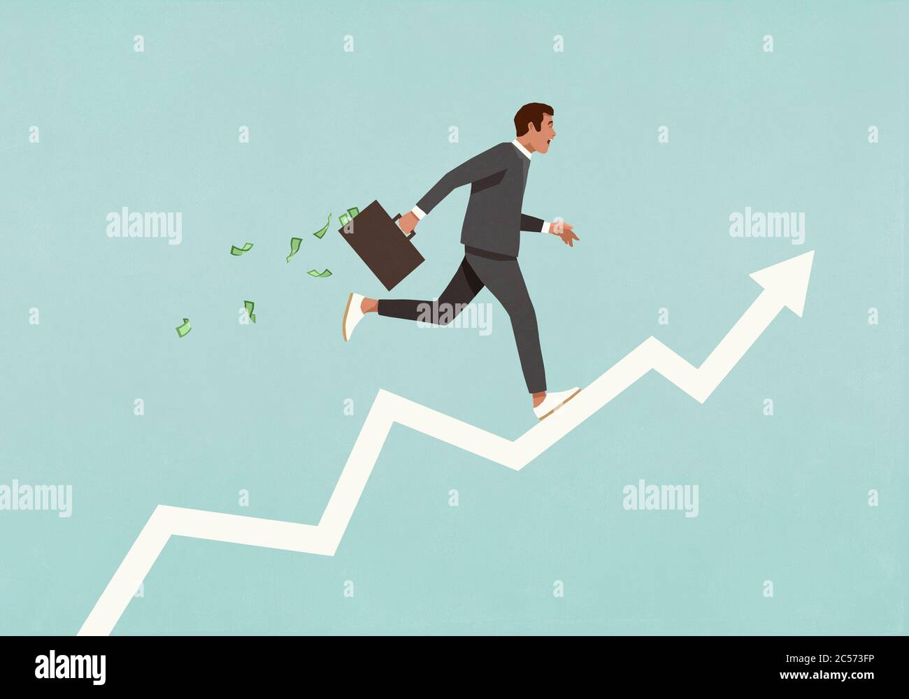 Male investor with briefcase full of money running up ascending arrow ...