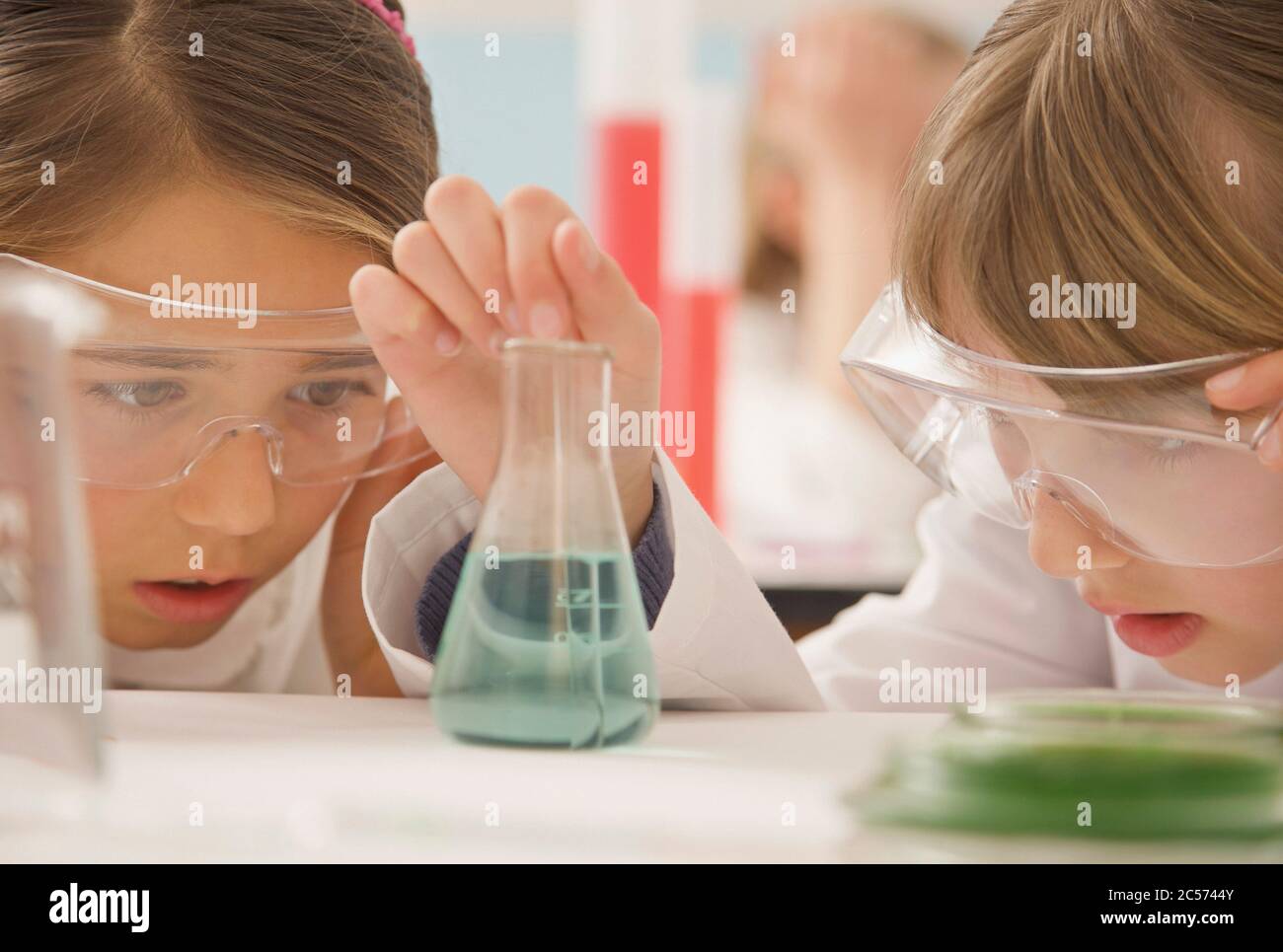 Curious junior high school girl students examining liquid in science ...